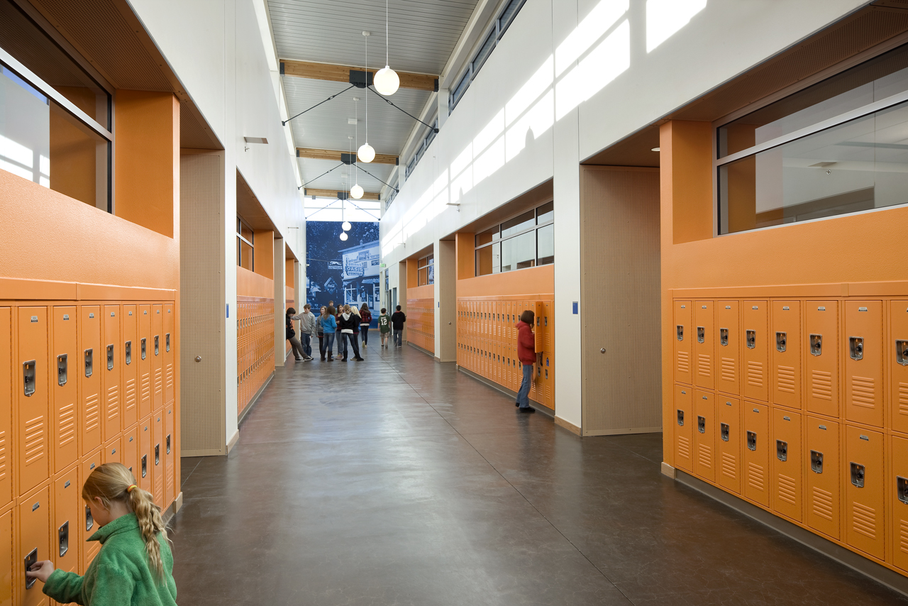 Corridor colors - orange and warm grey | Middle school, School interior ...