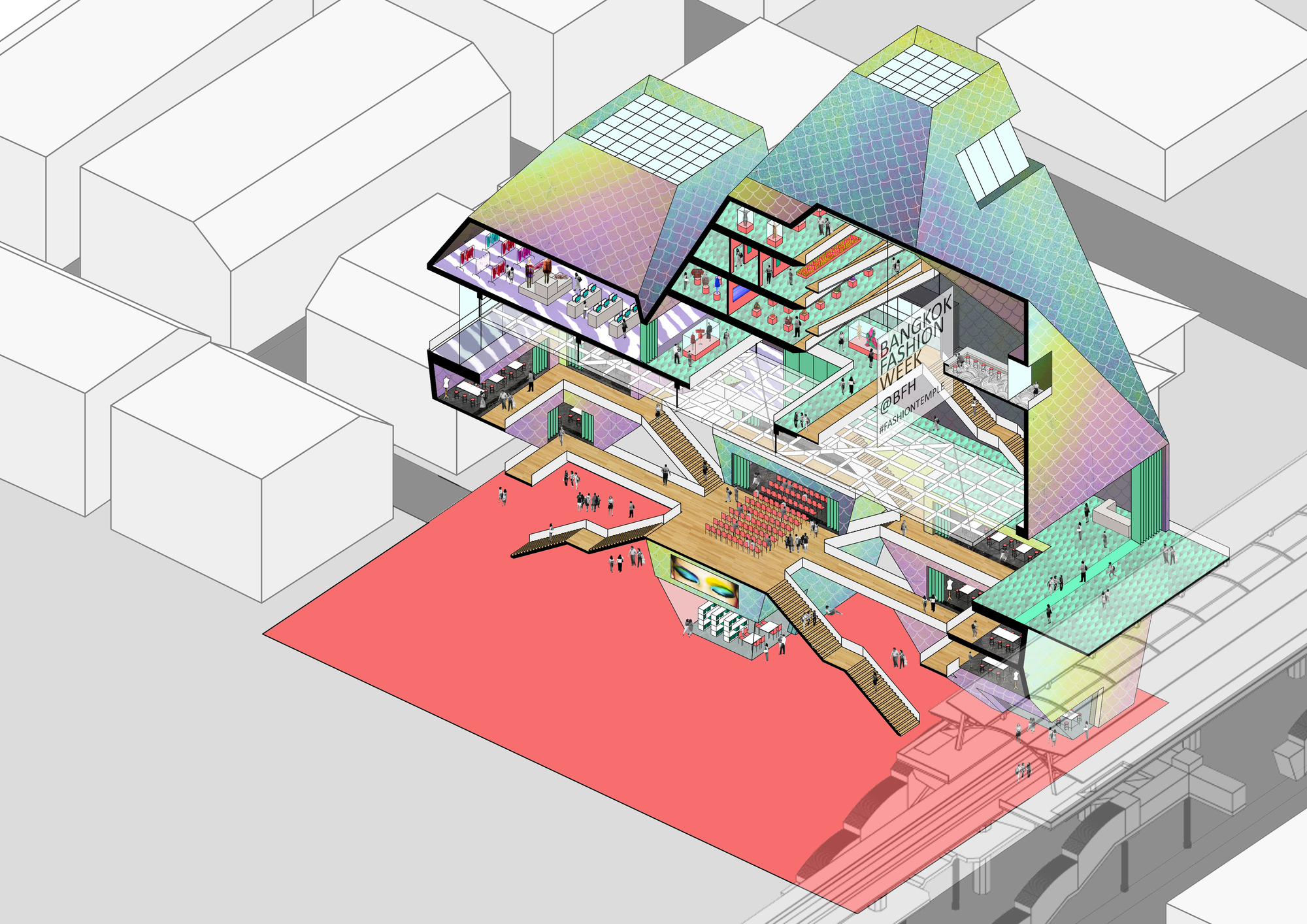 Jun Hao Ong and Raphael Cheng. Axonometric section with site context ...